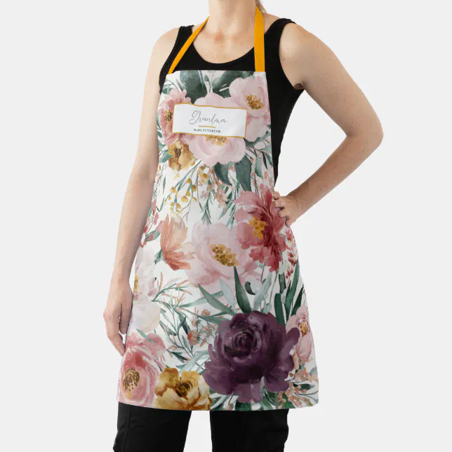 Modern watercolor floral script elegant editable apron | Zazzle