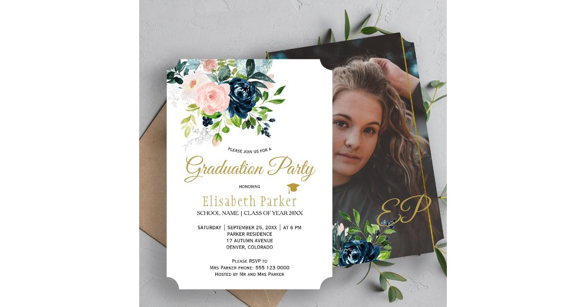 Modern watercolor floral summer PHOTO graduation Invitation | Zazzle