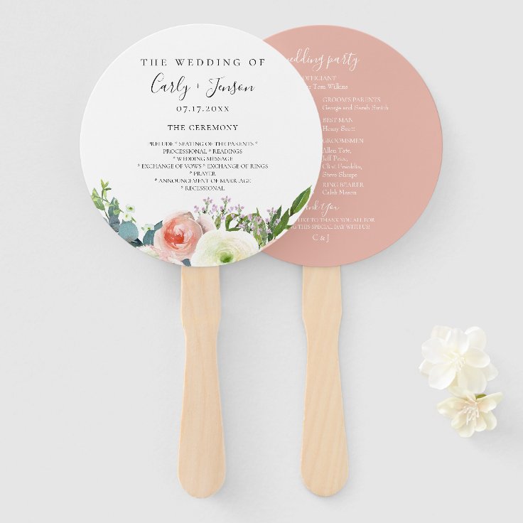 Modern Watercolor Floral Wedding Program Hand Fans | Zazzle