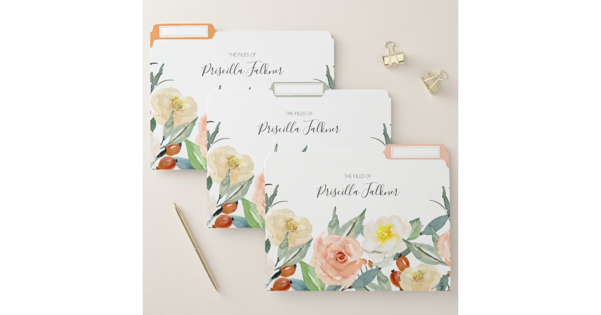 Modern Watercolor Flowers Greenery Peach Coral File Folder | Zazzle