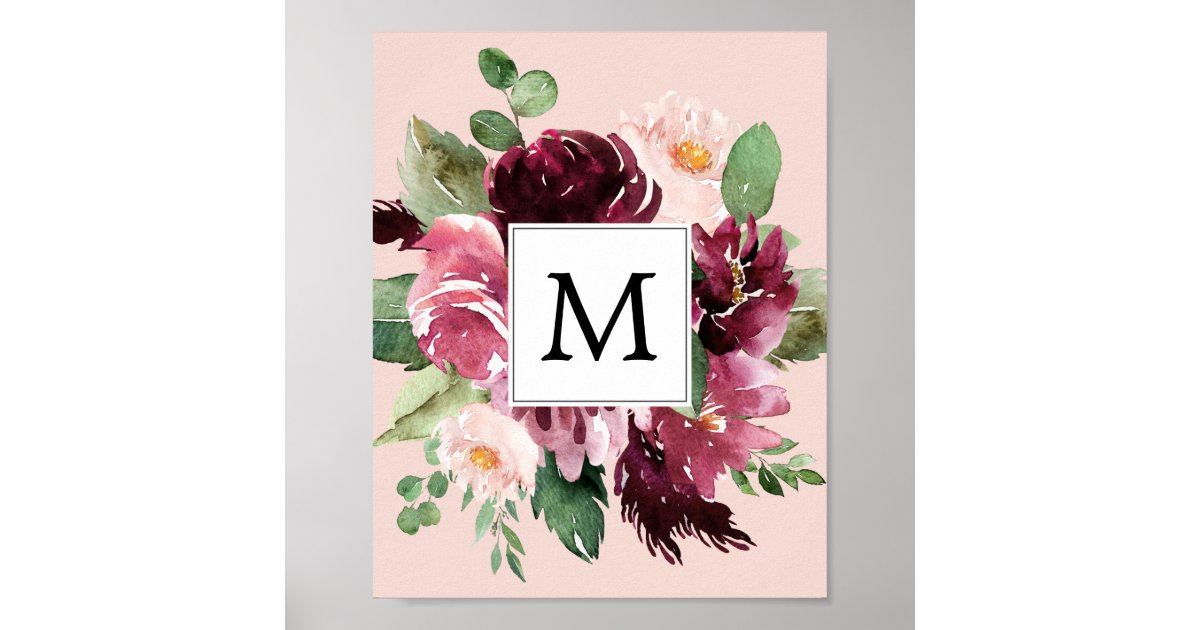 Modern Watercolor Flowers Monogrammed Poster | Zazzle