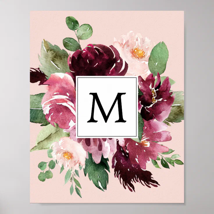 Modern Watercolor Flowers Monogrammed Poster | Zazzle