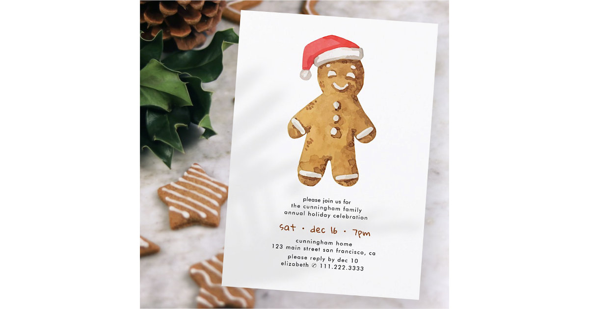 Modern Watercolor Gingerbread Man Holiday Dinner Invitation | Zazzle