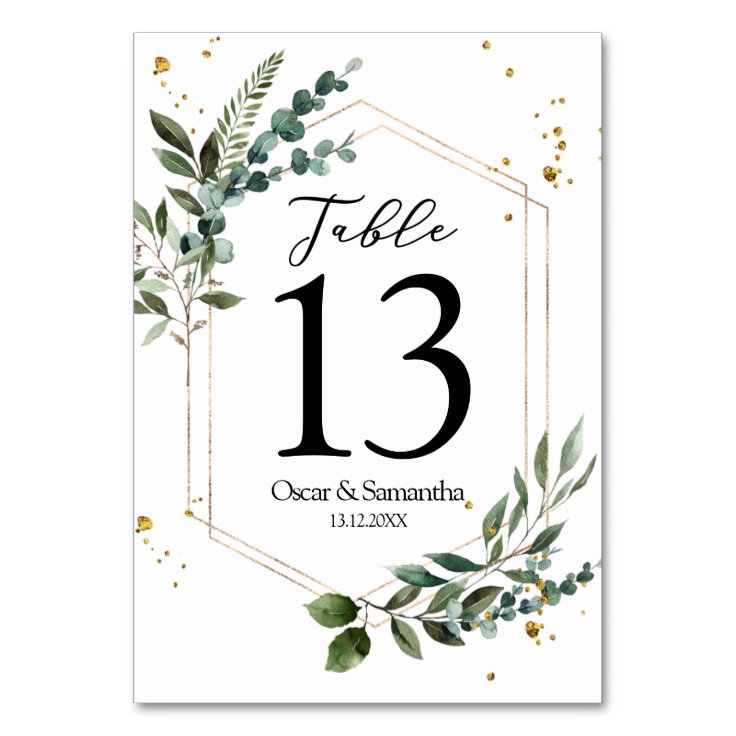 Modern Watercolor Greenery Eucalyptus Gold Frame Table Number | Zazzle