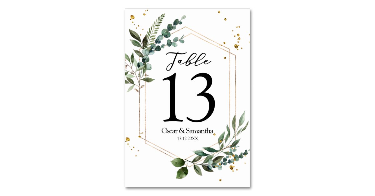 Modern Watercolor Greenery Eucalyptus Gold Frame Table Number | Zazzle