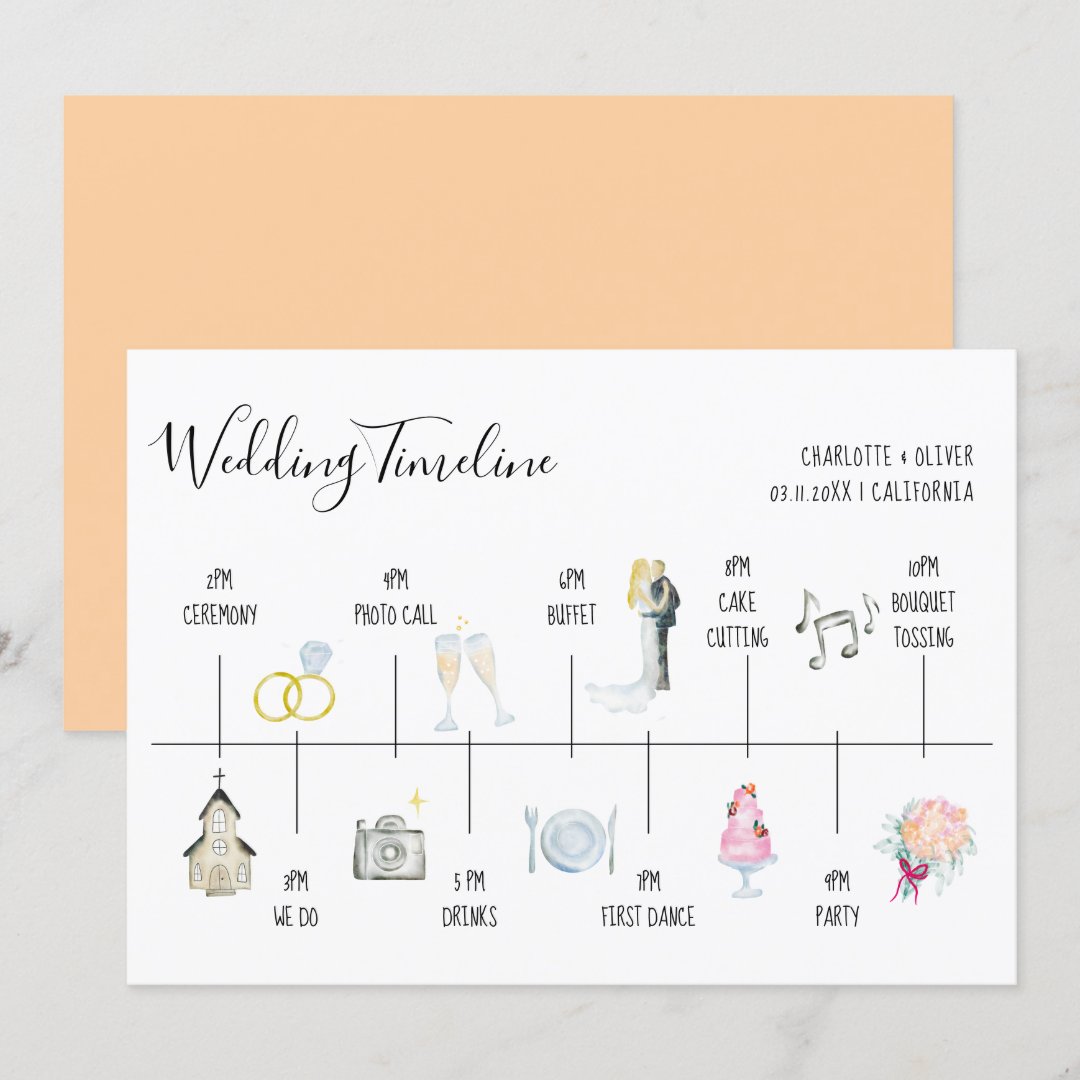 Modern watercolor illustrations wedding timeline invitation | Zazzle