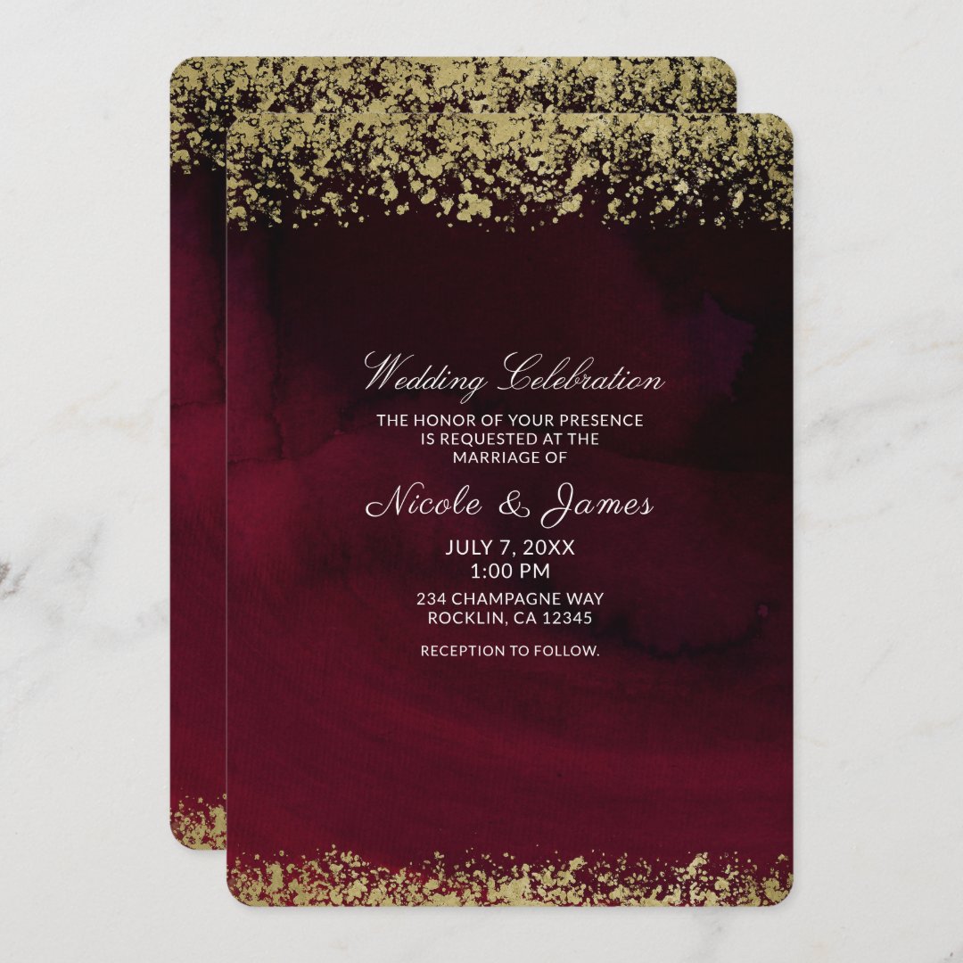 Modern Watercolor Moody Maroon & Gold Wedding Invitation | Zazzle