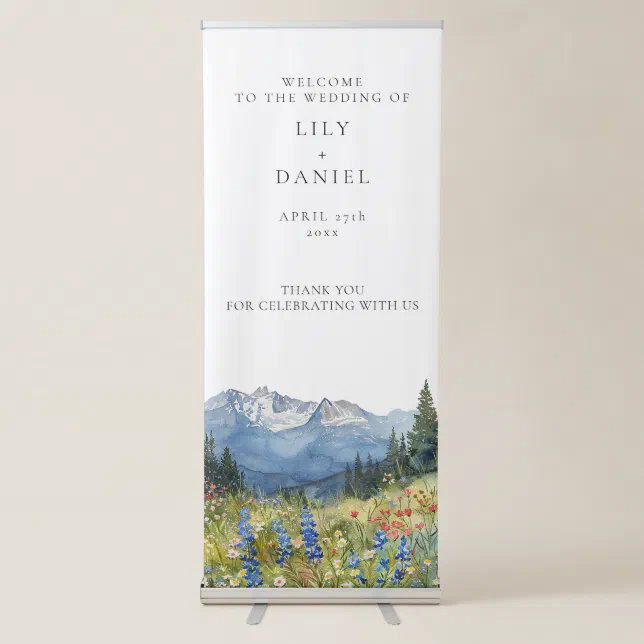 Modern Watercolor Mountain Floral Wedding Welcome Retractable Banner ...