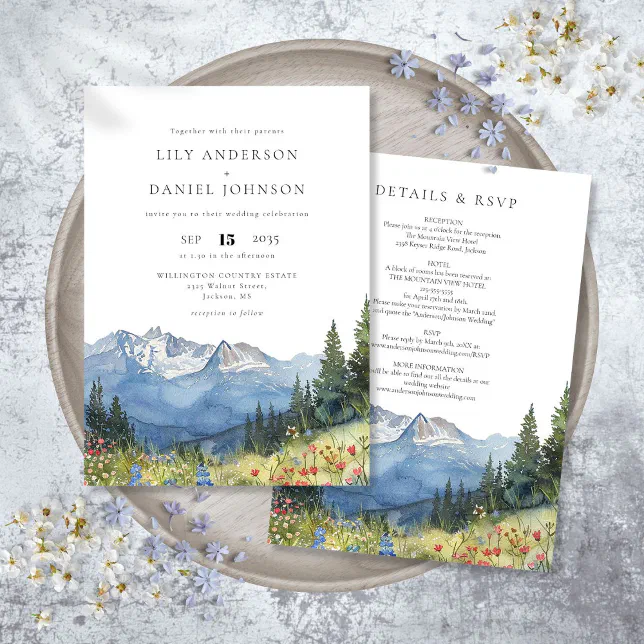 Modern Watercolor Mountain Wildflower Wedding Invitation | Zazzle