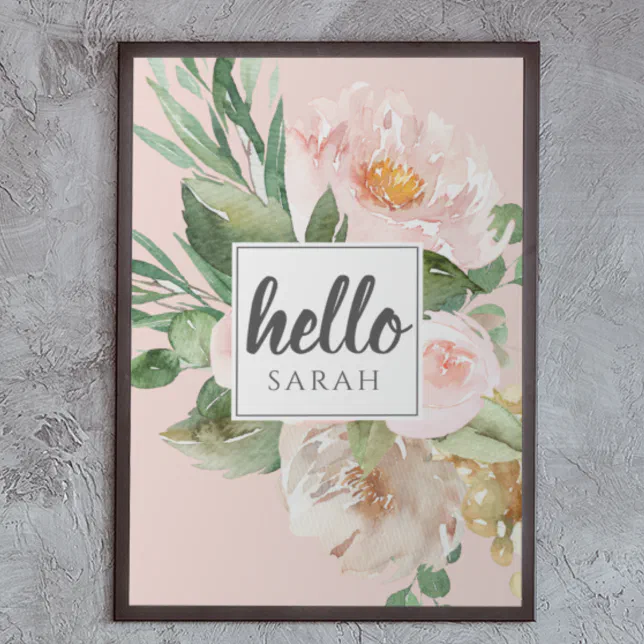 Modern Watercolor Pink Flowers & Hello & Name Poster | Zazzle