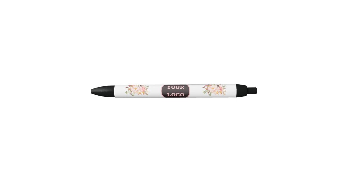 Modern Watercolor Pink Flowers Logo Black Ink Pen | Zazzle