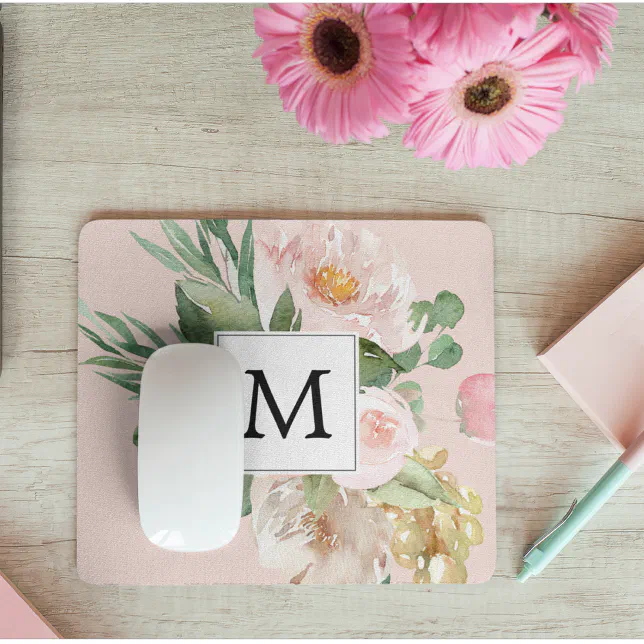Modern Watercolor Pink Flowers Monogrammed Mouse Pad | Zazzle