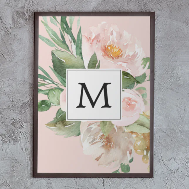 Modern Watercolor Pink Flowers Monogrammed Poster | Zazzle