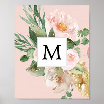 Modern Watercolor Pink Flowers Monogrammed Poster | Zazzle