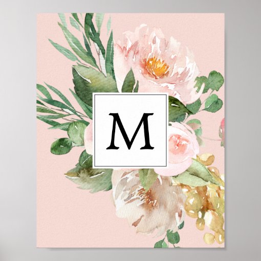 Modern Watercolor Pink Flowers Monogrammed Poster | Zazzle