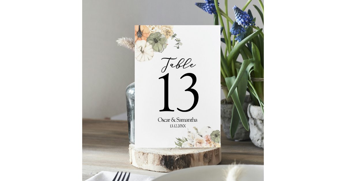 Modern Watercolor Pumpkins & Flowers Table Number | Zazzle
