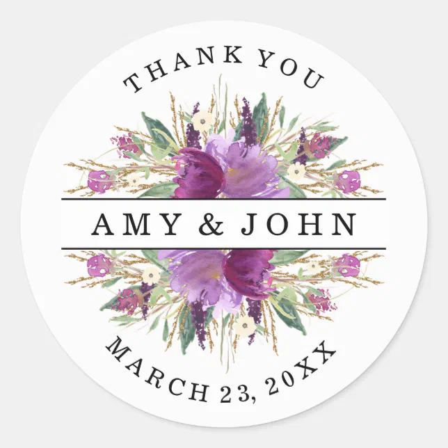 Modern Watercolor Purple Floral Wedding Sticker | Zazzle