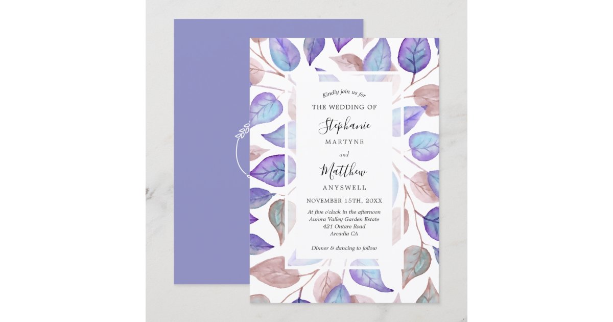 Modern Watercolor Purple Leaves Foliage Wedding Invitation | Zazzle