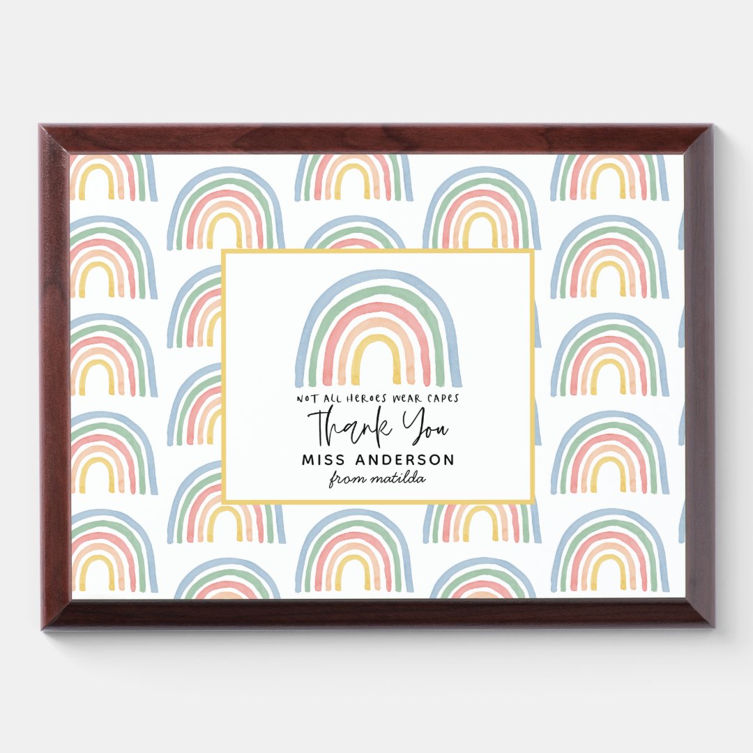 Modern watercolor rainbow teacher thank you gift award plaque | Zazzle