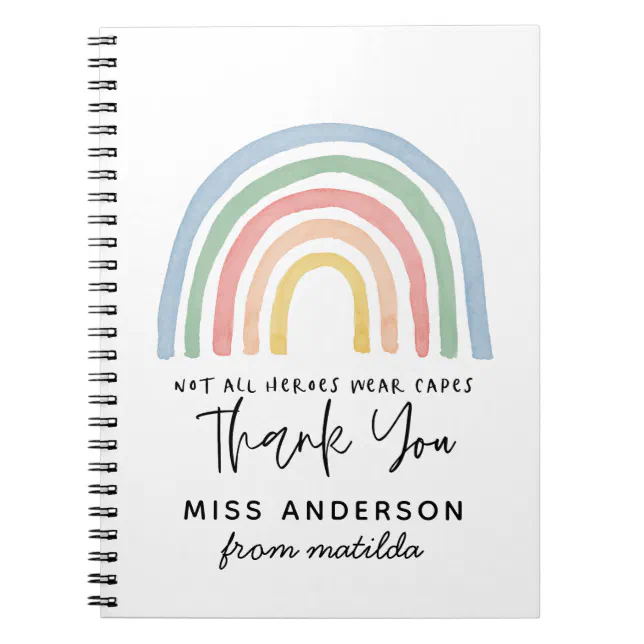 Modern watercolor rainbow teacher thank you gift notebook | Zazzle