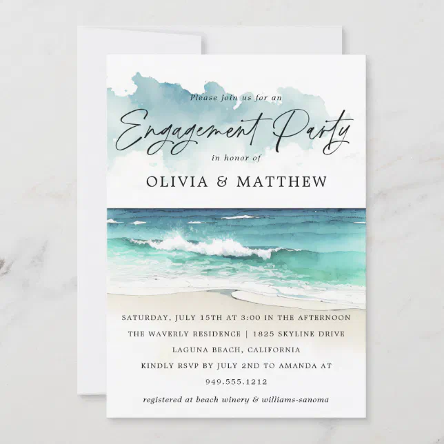 Modern Watercolor Script Beach Engagement Party Invitation | Zazzle