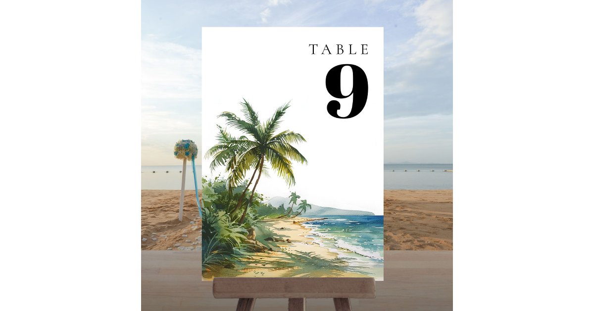 Modern Watercolor Tropical Beach Table Number | Zazzle