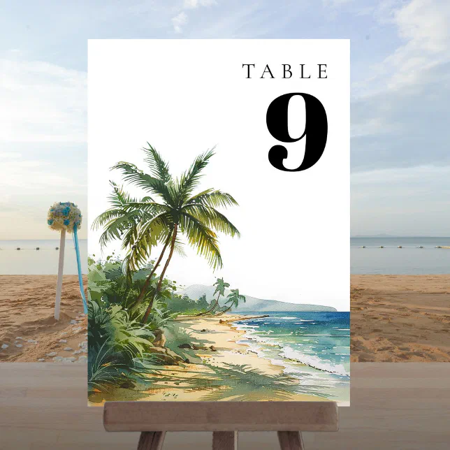 Modern Watercolor Tropical Beach Table Number | Zazzle