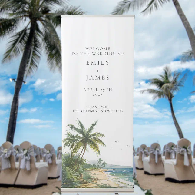 Modern Watercolor Tropical Beach Wedding Welcome Retractable Banner ...