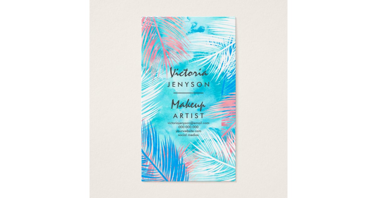 Modern watercolor tropical palm tree Makeup artist Business Card ...