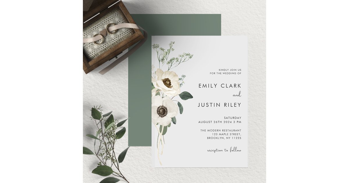 Modern Watercolor White Flowers Wedding Invitation | Zazzle