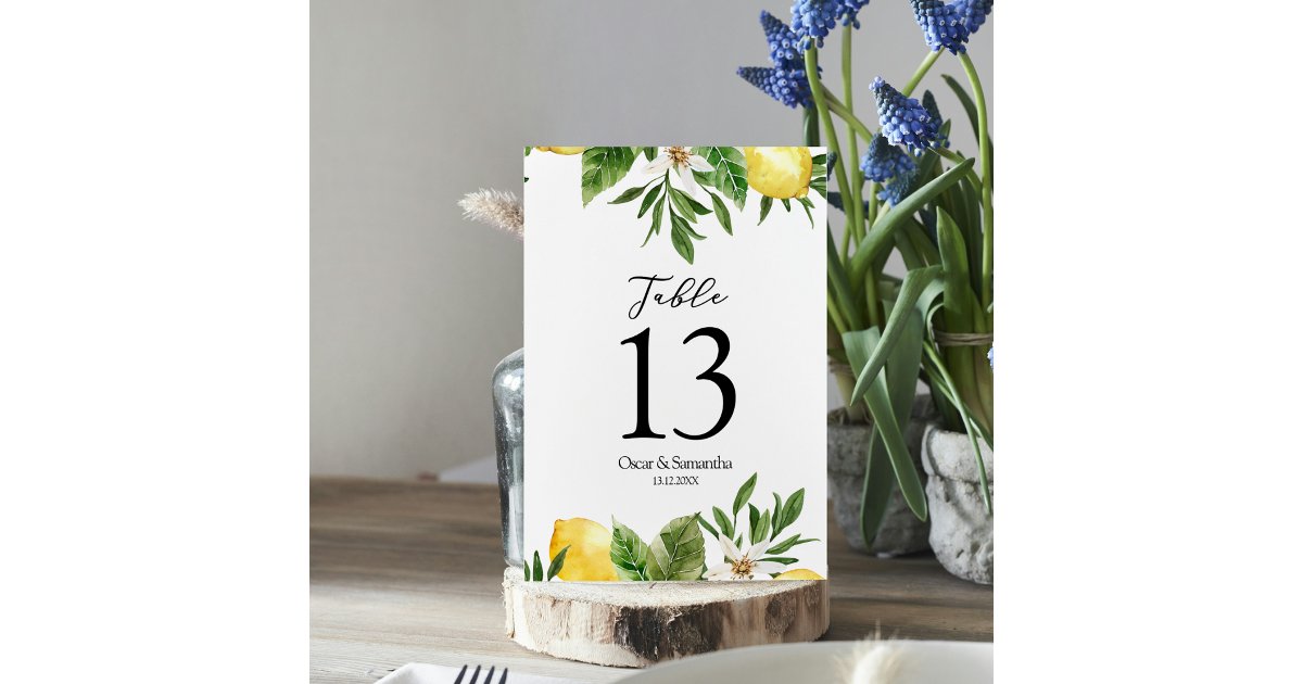 Modern Watercolor Yellow Lemons & Leaf Table Number | Zazzle