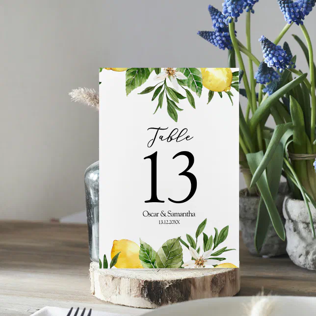 Modern Watercolor Yellow Lemons & Leaf Table Number | Zazzle
