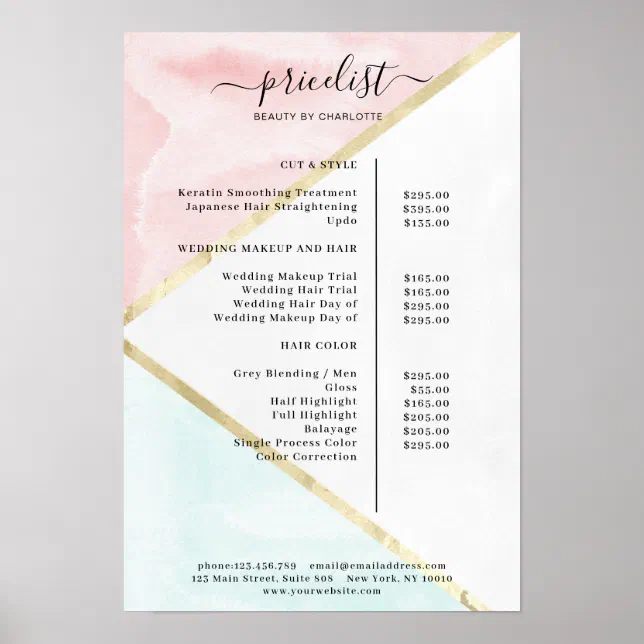 Modern Watercolour Price List Poster | Zazzle