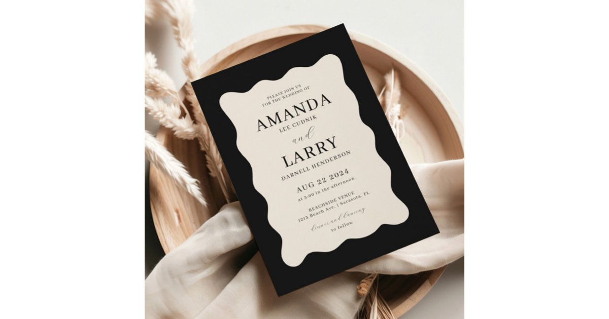 Modern Wavy Black and Cream Wedding Invitation | Zazzle