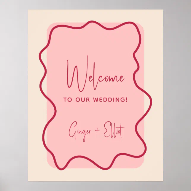Modern Wavy Frame Magenta Pink Wedding Welcome Poster | Zazzle