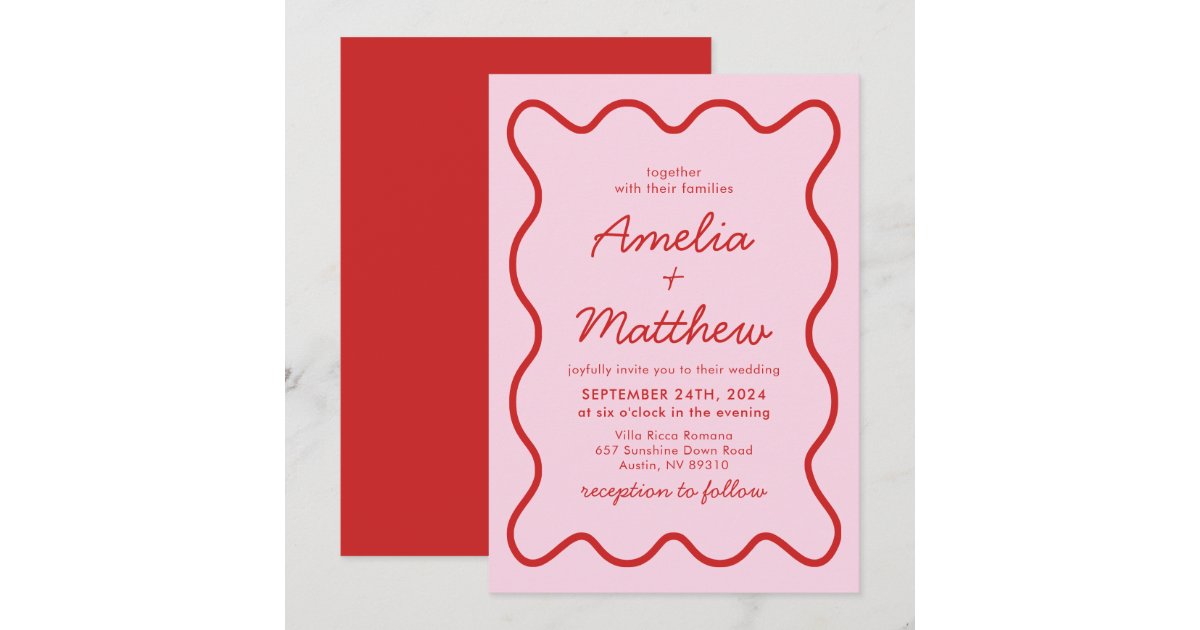 Modern Wavy Pink and Red Retro Squiggle Wedding Invitation | Zazzle