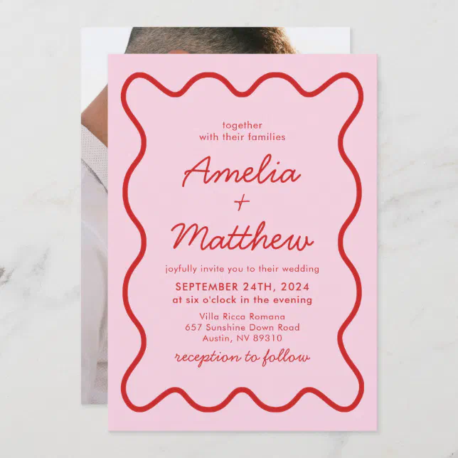 Modern Wavy Pink and Red Retro Squiggle Wedding Invitation | Zazzle