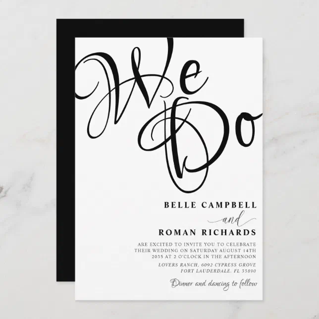 Modern We Do Script Black & White Wedding Invitation | Zazzle