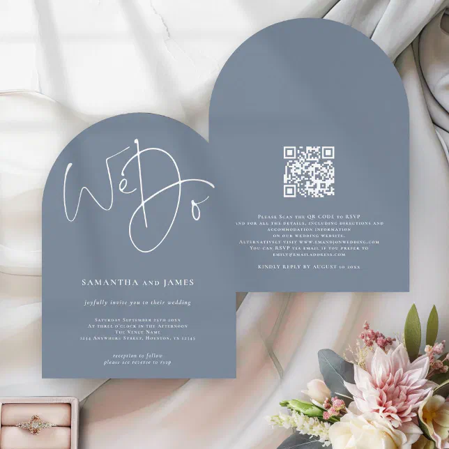 Modern We Do Script Dusty Blue QR Code Wedding Invitation | Zazzle