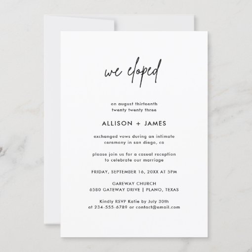 Modern We Eloped Elopement Reception Invitation | Zazzle