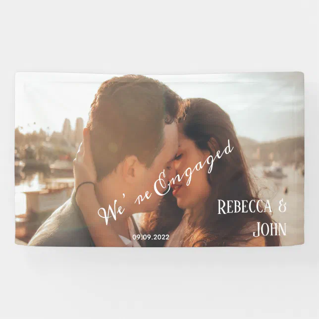 Modern We’re Engaged Party Photo Script Backdrop Banner | Zazzle