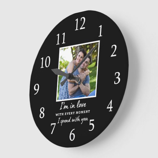 Modern Wedding Anniversary Photo Love Quote Black Large Clock | Zazzle