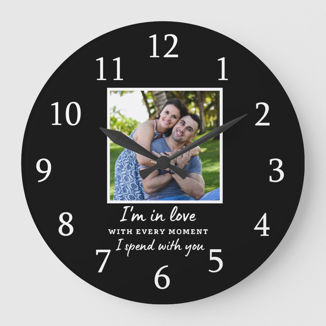 Modern Wedding Anniversary Photo Love Quote Black Large Clock | Zazzle