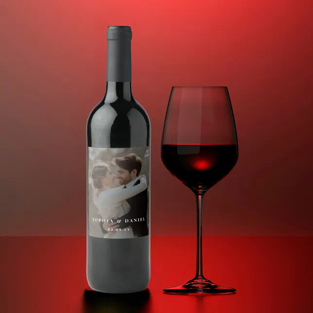 Modern Wedding Black & White Overlay Photo Wine Label | Zazzle