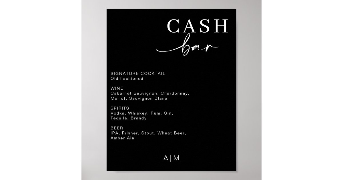 Modern Wedding Cash Bar | Bar Drink Menu Sign | Zazzle