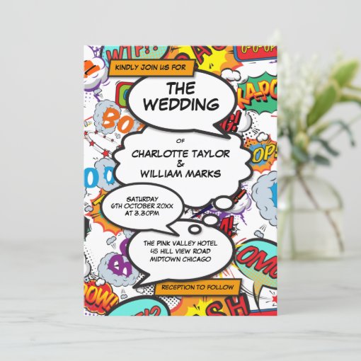 Modern Wedding Colorful Typographic Comic Book Invitation | Zazzle