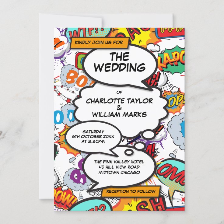 Modern Wedding Colorful Typographic Comic Book Invitation | Zazzle