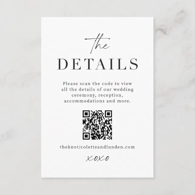 Modern Wedding Details Enclosure Scan QR Code Card | Zazzle
