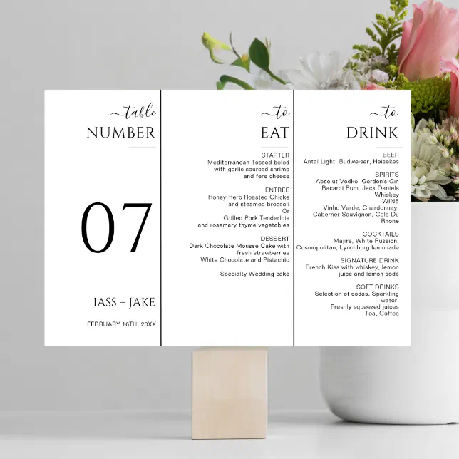 Modern Wedding Dinner Menu Wedding Party Tri-fold Table Number | Zazzle