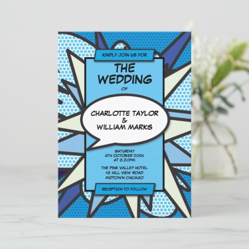 Modern Wedding Fun Designer Blue Comic Book Invitation | Zazzle